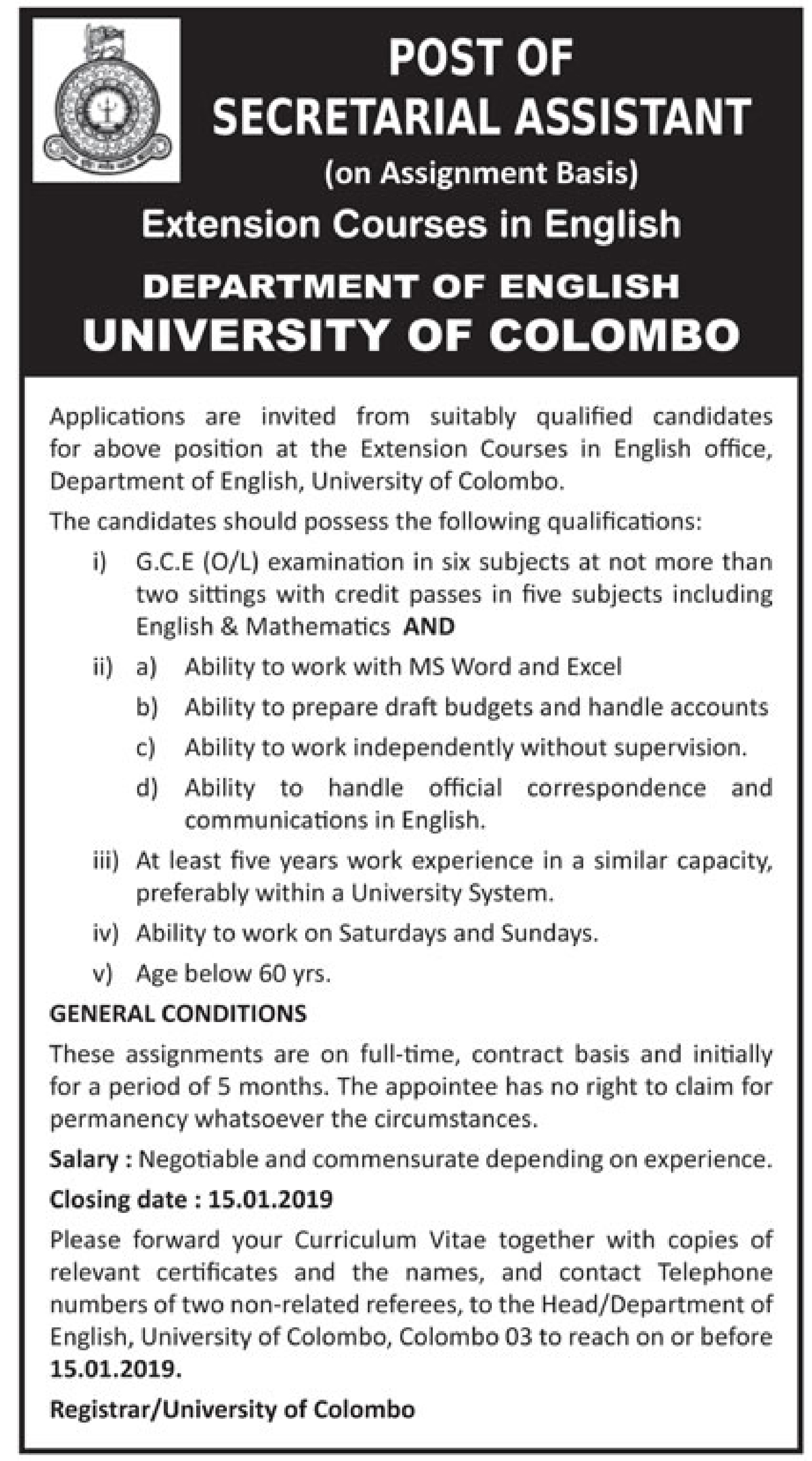 Post of Secretarial Assistant (on Assignment Basis)- University of ... Post of Secretarial Assistant (on Assignment Basis)- University of ...
