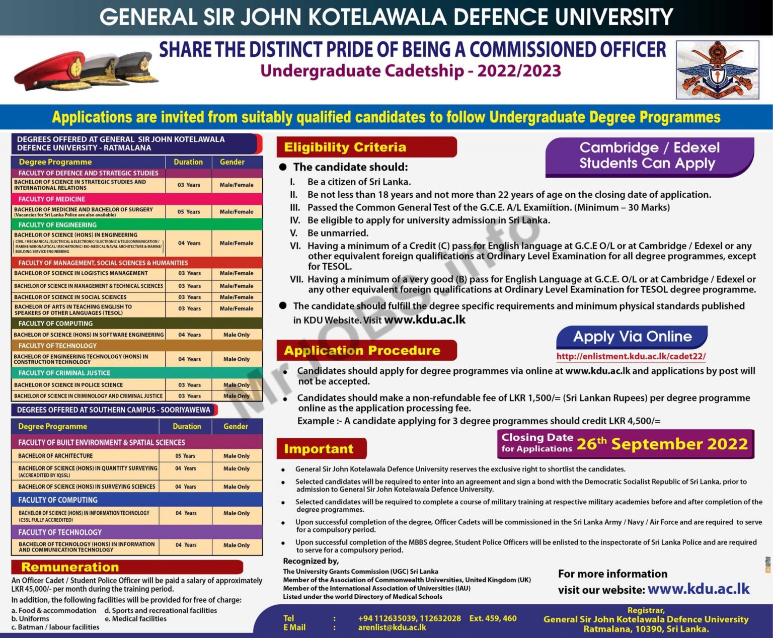 KDU Degree Programmes (Cadetship) 2022 / 2023 (Intake 40) KDU Degree Programmes (Cadetship) 2022 / 2023 (Intake 40)